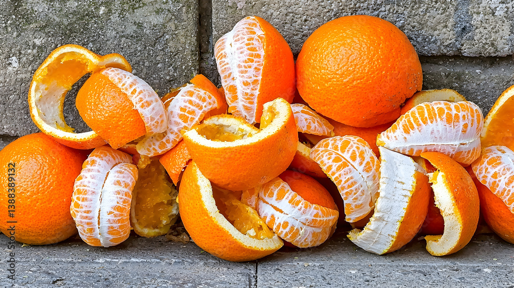 Orange peels and fruit near stone wall; discarded citrus waste ...