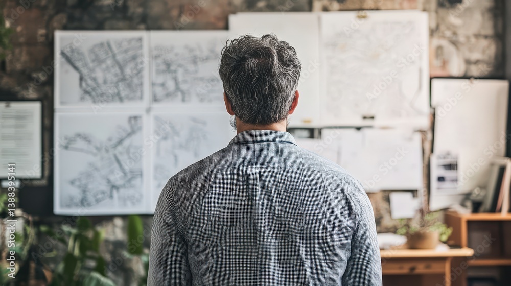 Person facing maps and documents planning a project strategy Stock ...