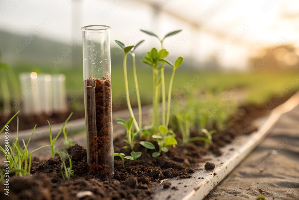 Person takes soil sample near small seedlings for soil test. Examining ...