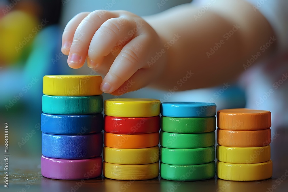 Small child hand stacking colorful plastic bottle caps in ascending ...