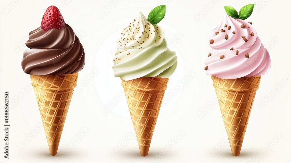 Ice cream realistic. Popsicle pistachio, strawberry and vanilla. Eskimo ...