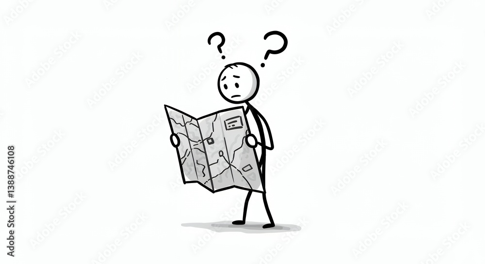 Stick figure looking at map with question marks indicating confusion ...