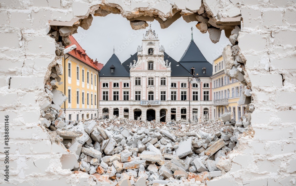 Urban disaster at the epicenter of layered destruction, buildings ...