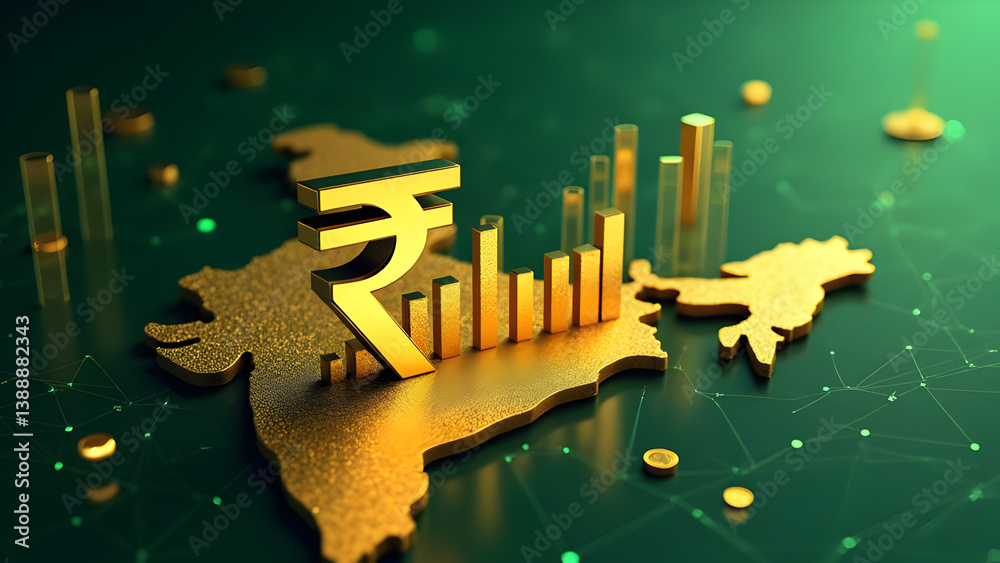 Ilustracja bez tantiem: Golden Indian Rupee symbol with stacked coins ...