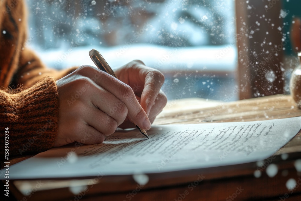 Person writing a letter with a fountain pen by a snowy window. Stock ...