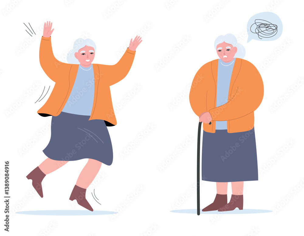 Old lady active, healthy dancing. Elderly granny feels bad, feeble, sad ...