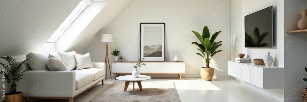 Cozy white living room with sloped roof and skylights, cozy, design ...