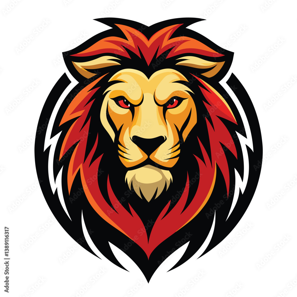 A fierce lion mascot head with a red mane and a black tribal design ...