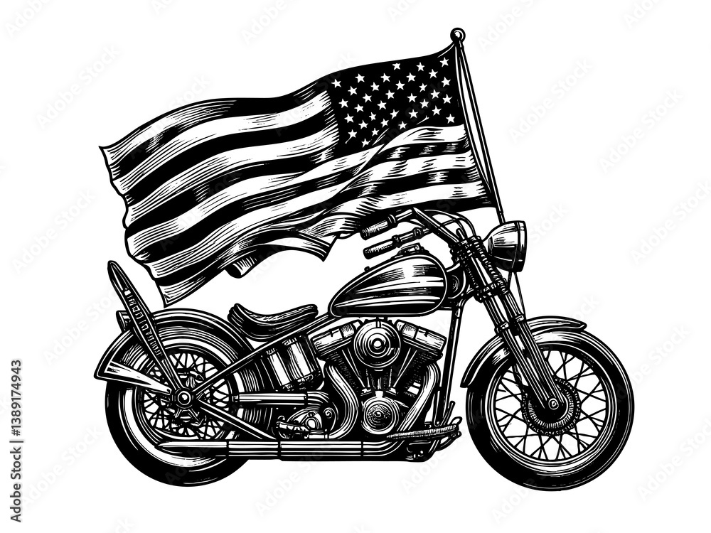 custom chopper motorcycle proudly displaying a waving American flag ...