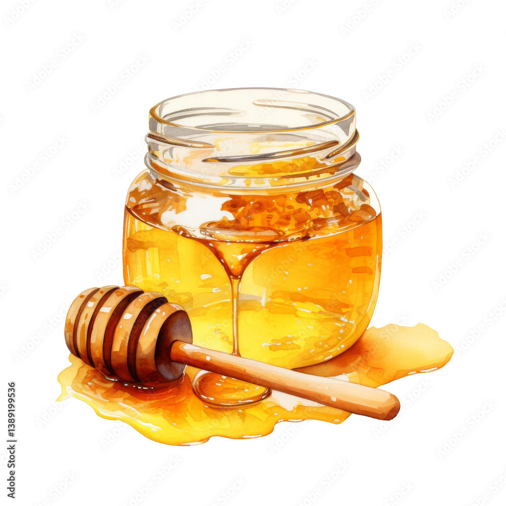 A watercolor illustration of a glass honey jar with golden honey ...