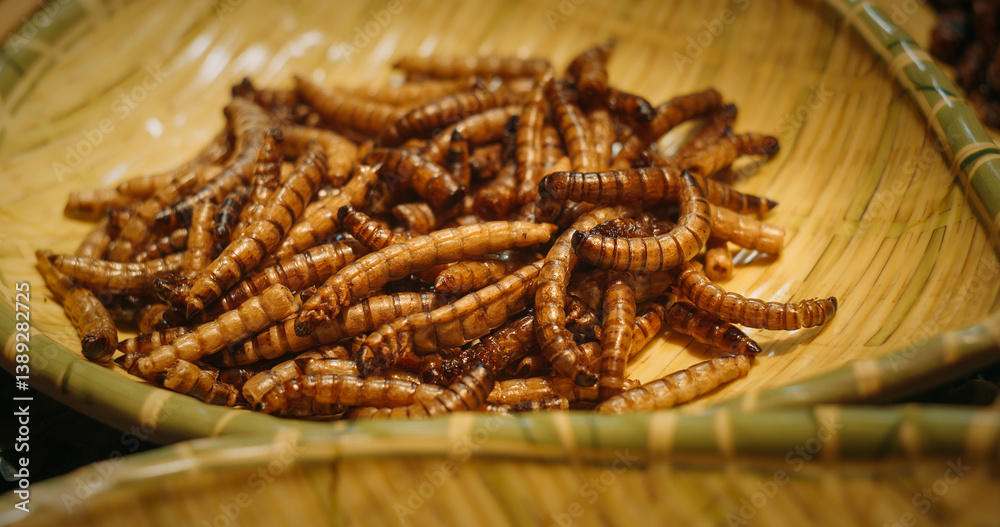 Chengdu, Sichuan, China. Fried Mealworm Larvae. Street Roasted Mealworm ...