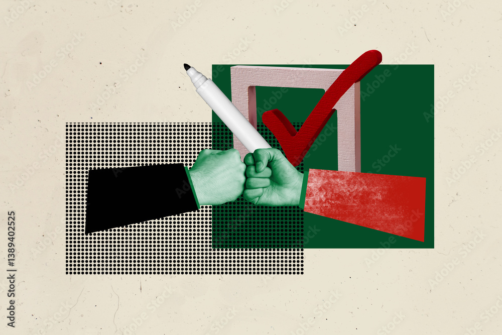 Composite 3D photo collage design sketch of done success checkbox mark ...