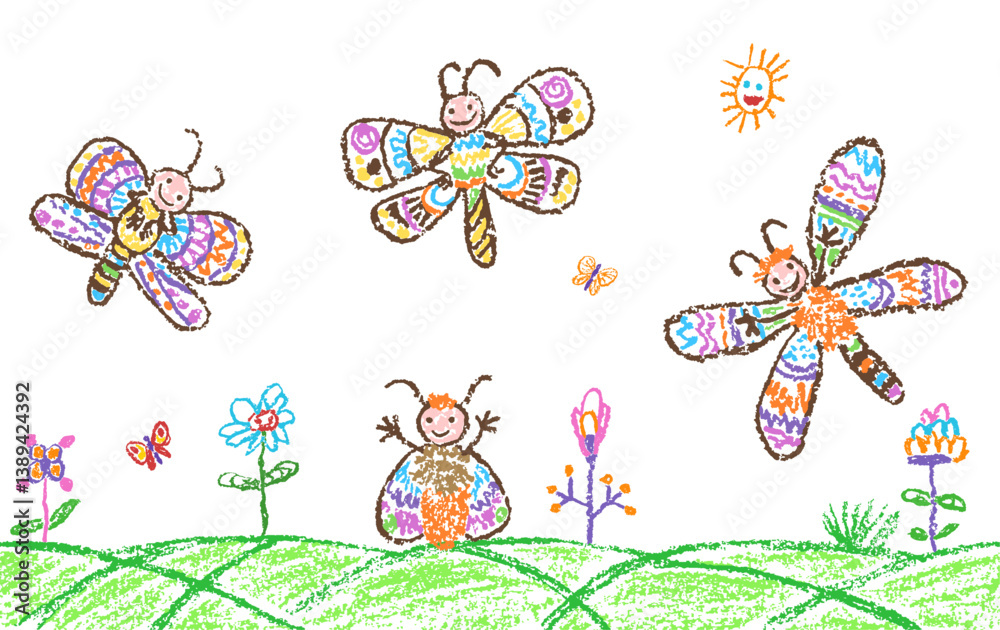 Fantastic doodle butterfly set. Tropical crazy flying insect. Flower ...
