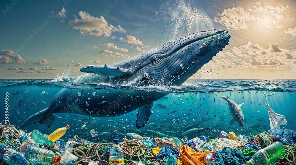 Ocean pollution, Whale Breaching Ocean Surface to Escape Plastic ...