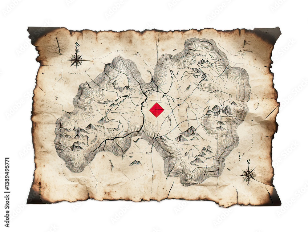 Rolled vintage style treasure map with burned edges, partially unfolded ...