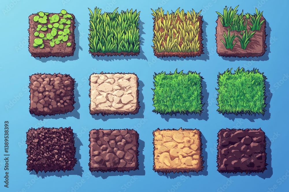 2D game art, pixel art sprite sheet of ground textures for a side ...