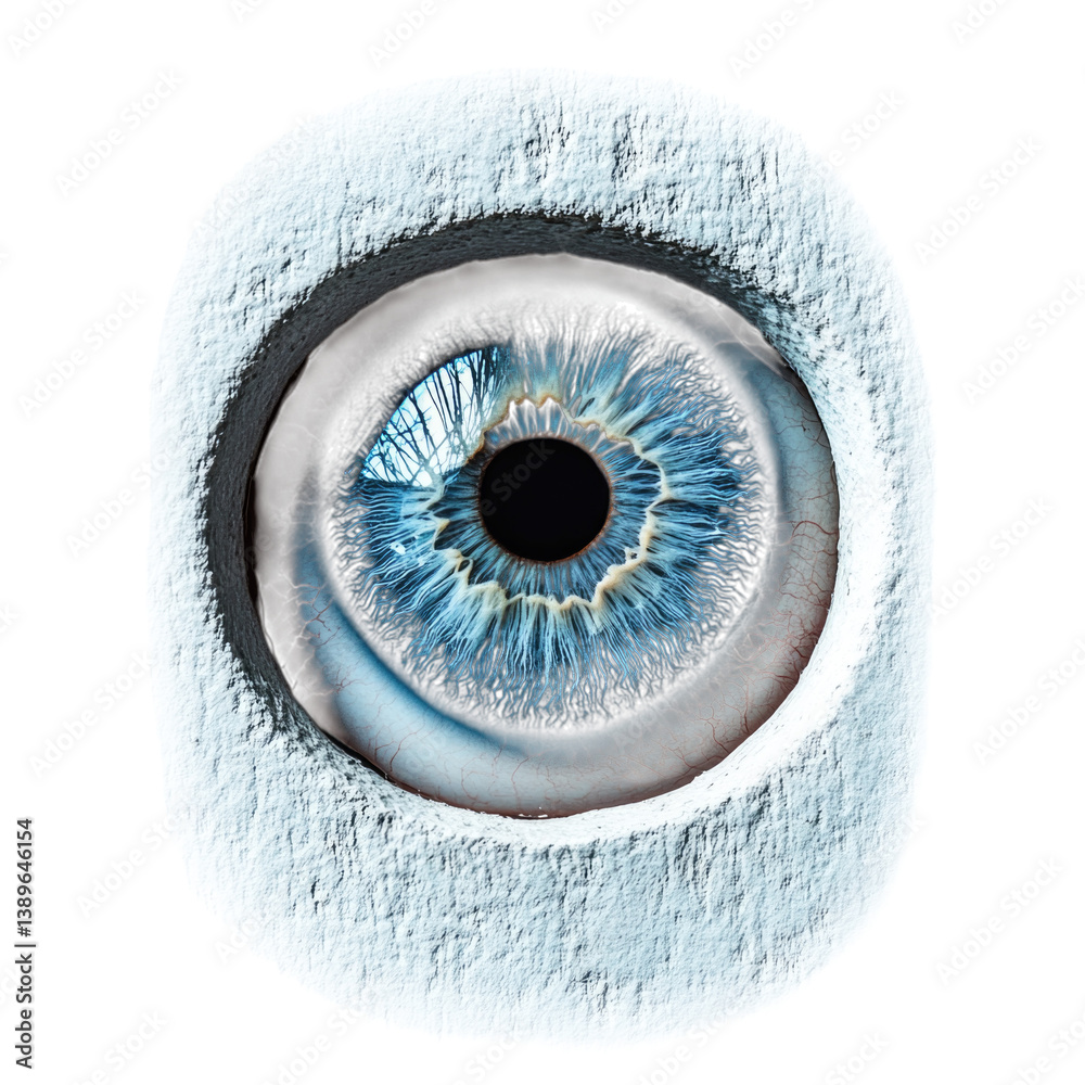 Blue human eye with detailed iris and pupil features isolated on ...