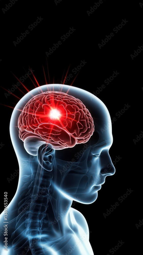 Human head with an X ray showing the brain highlighted in red ...