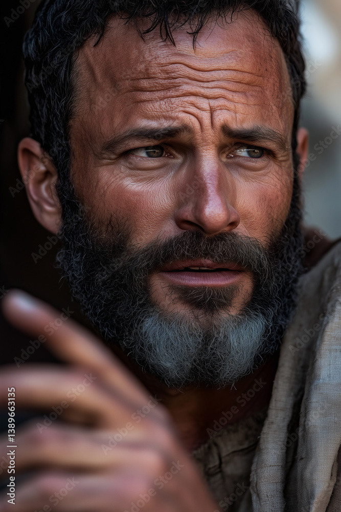 A hyper-realistic cinematic portrait of the Apostle Paul (formerly Saul of Tarsus), depicted in ...