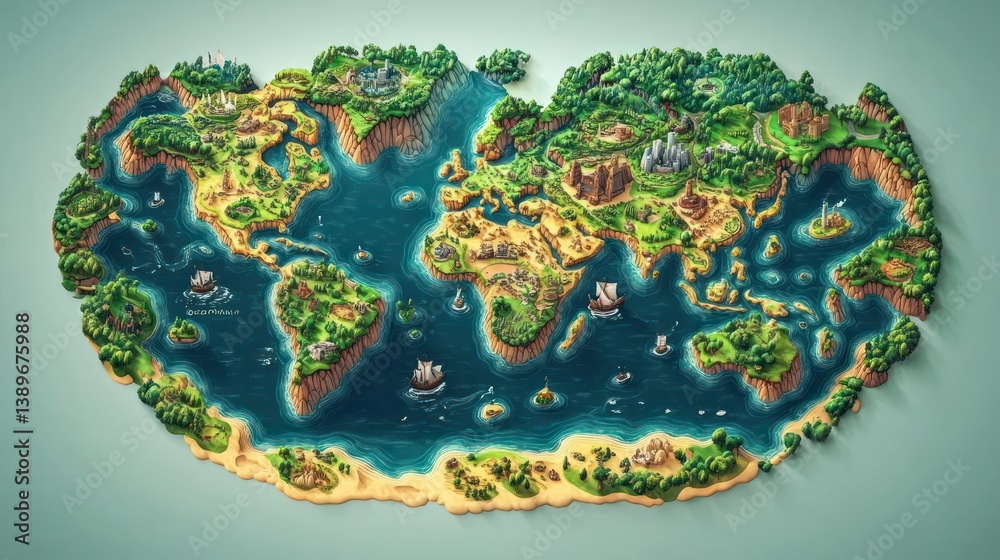 Ilustración de Stock Fantasy world map, detailed geographical ...