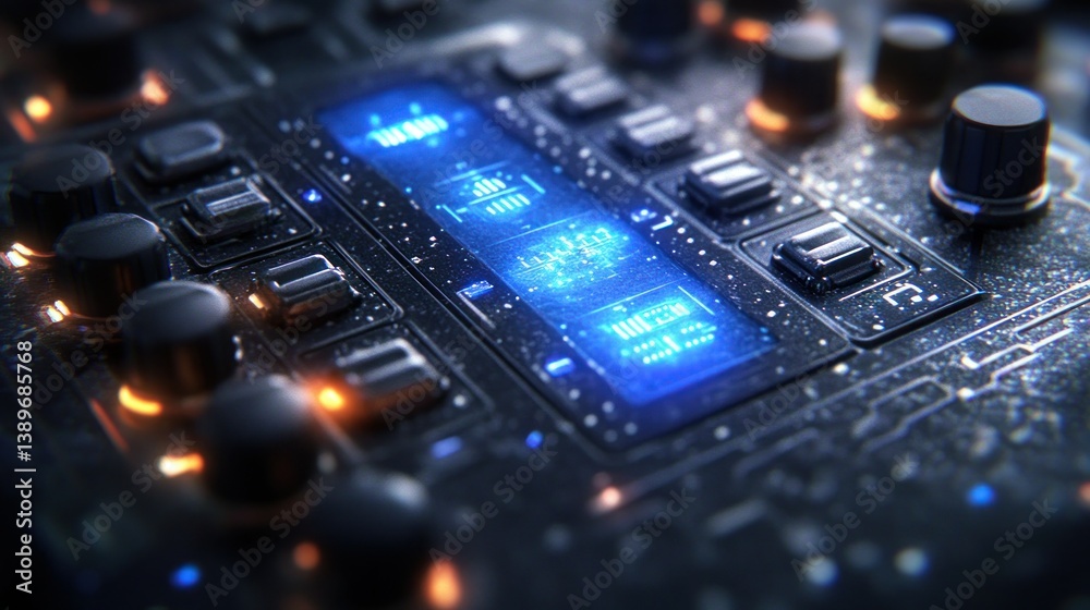 Advanced digital audio workstation control panel with glowing displays ...