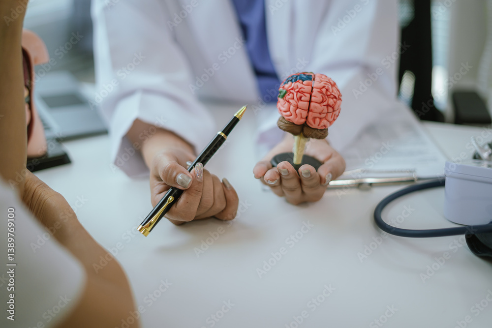 Asian female doctor talking to elderly patient, showing brain model and ...