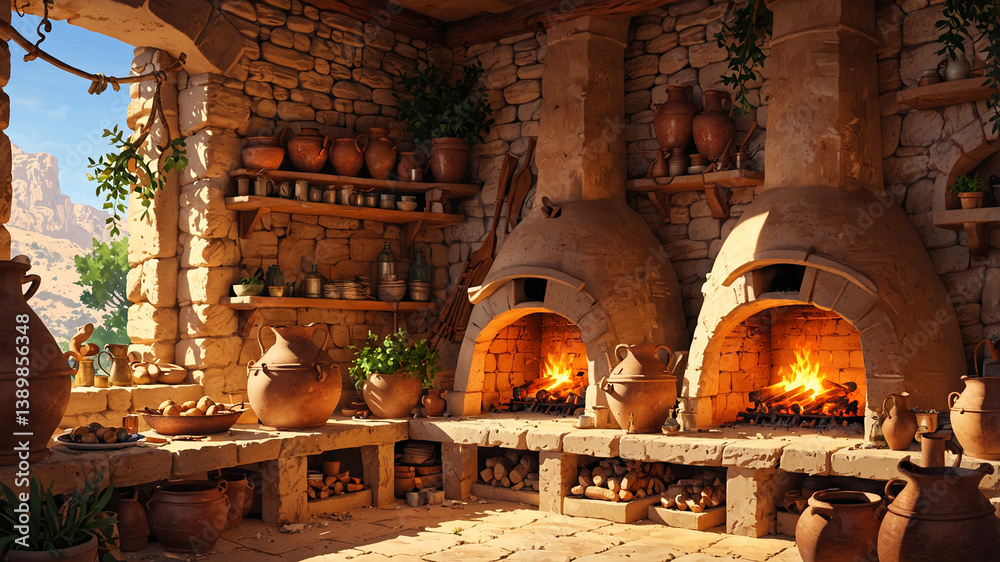 An ancient Greek kitchen with clay ovens, wooden shelves filled with ...