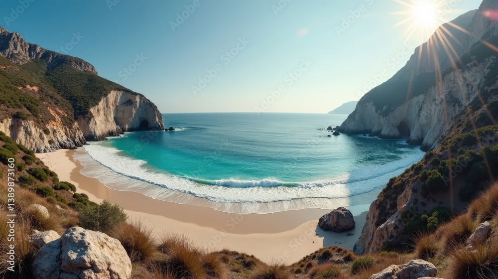Rainy, mild midday photo of Elafonisi Beach in Greece from a panoramic ...