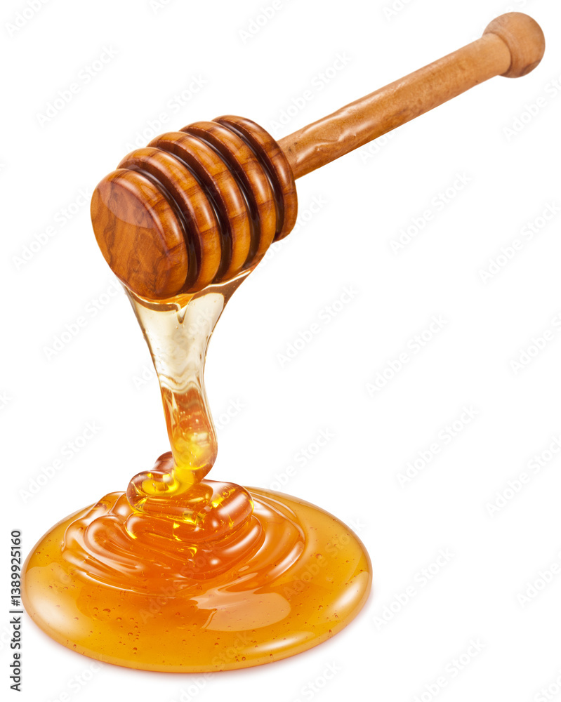 Honey dripping down from wooden honey dipper closeup. File contains ...
