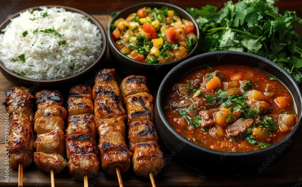 Filipino meal with pork adobo, lumpia, pancit noodles, grilled skewers ...