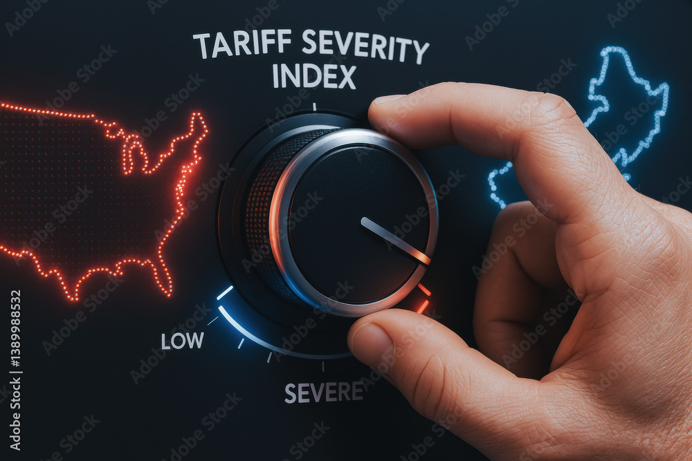 A closeup a hand adjusting a dial labeled tariff severity index on a ...