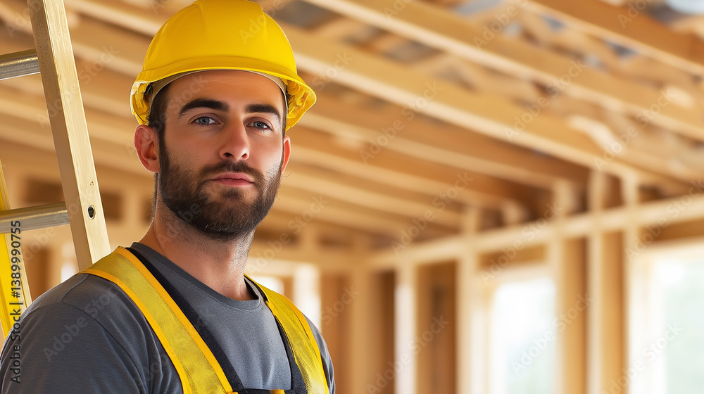 Builder climbs temporary access ladder to reach rafters in construction ...