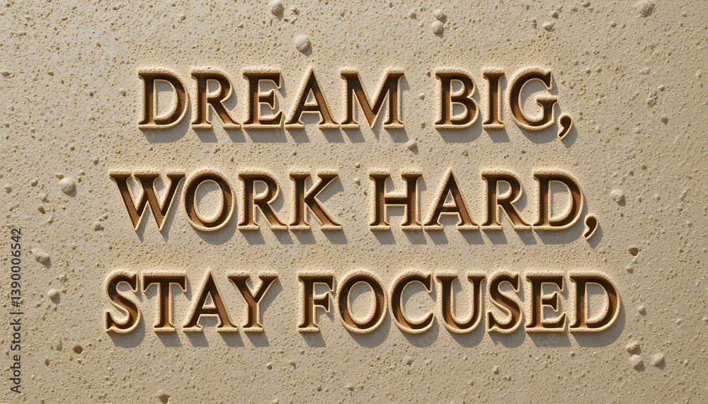 Motivational message Dream Big, Work Hard, Stay Focused carved on stone ...