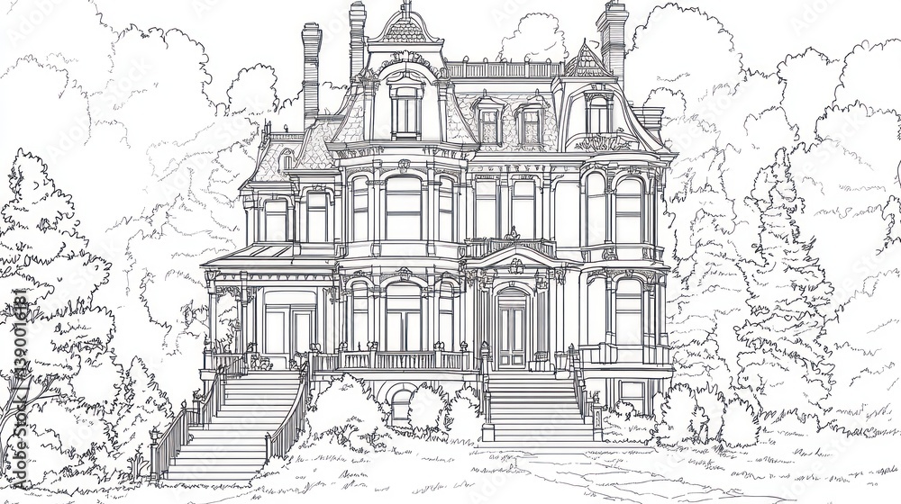 Historic drawing of grand mansion in park setting. Possible use ...