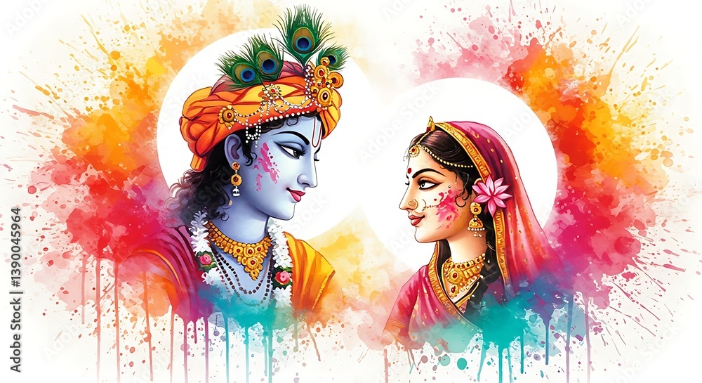 Radiant radha krishna illustration adorned with holi colors in ...