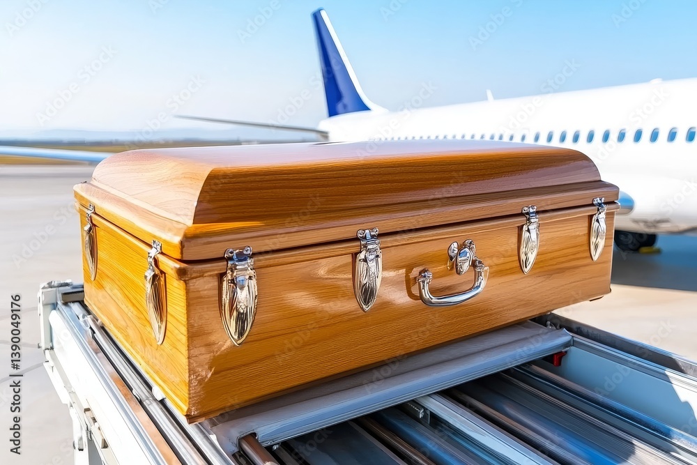 Coffin on airport tarmac, wooden casket placed on luggage cart, somber ...