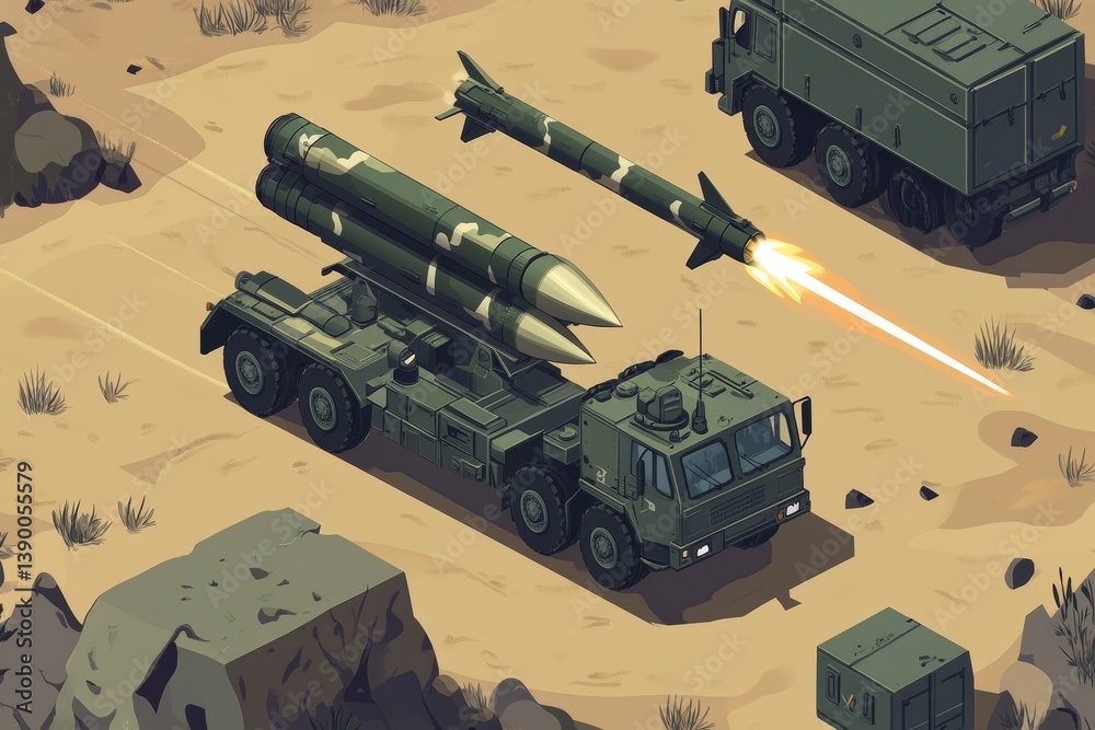 Ilustración de Stock Military forces employ a rocket salvo fire system ...