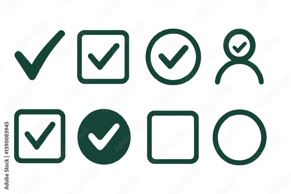 Vector icons of check marks and user symbols for digital design applications and user interfaces ...