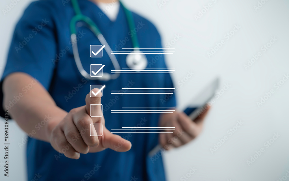Medical professional interacting with digital checklist interface for ...