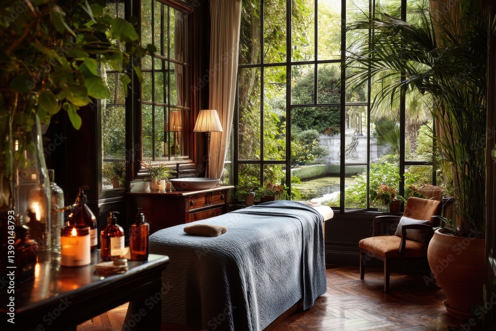 Luxurious spa setting with a massage table, natural light streaming ...