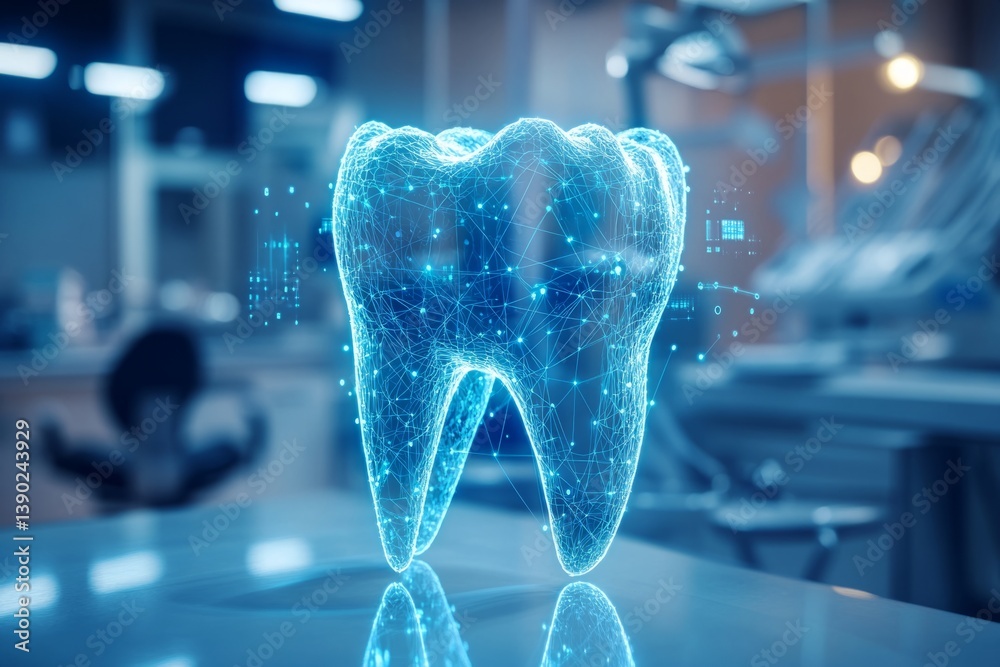 Hologram of a healthy tooth glowing blue in a dental clinic ...
