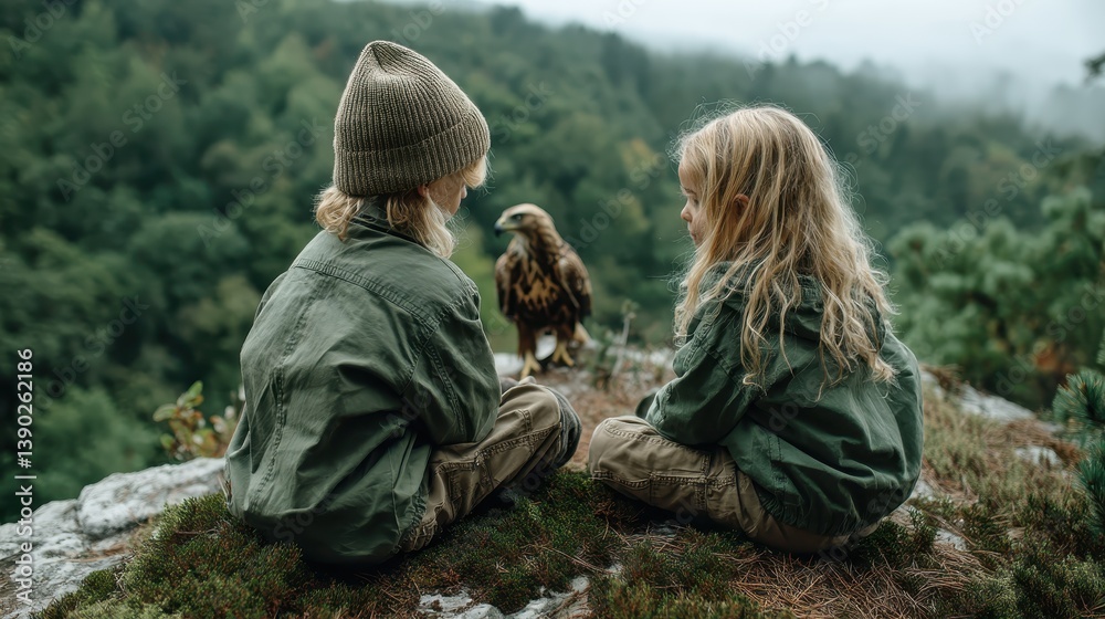 Two children sit on a rock, gazing at a majestic eagle in a peaceful ...