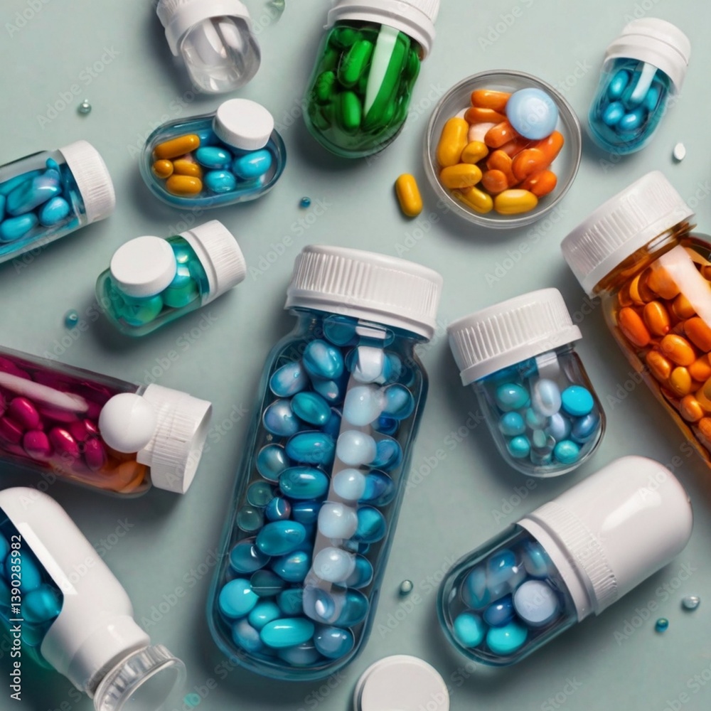 Um copo de água e diversas capsulas e comprimidos representando ...