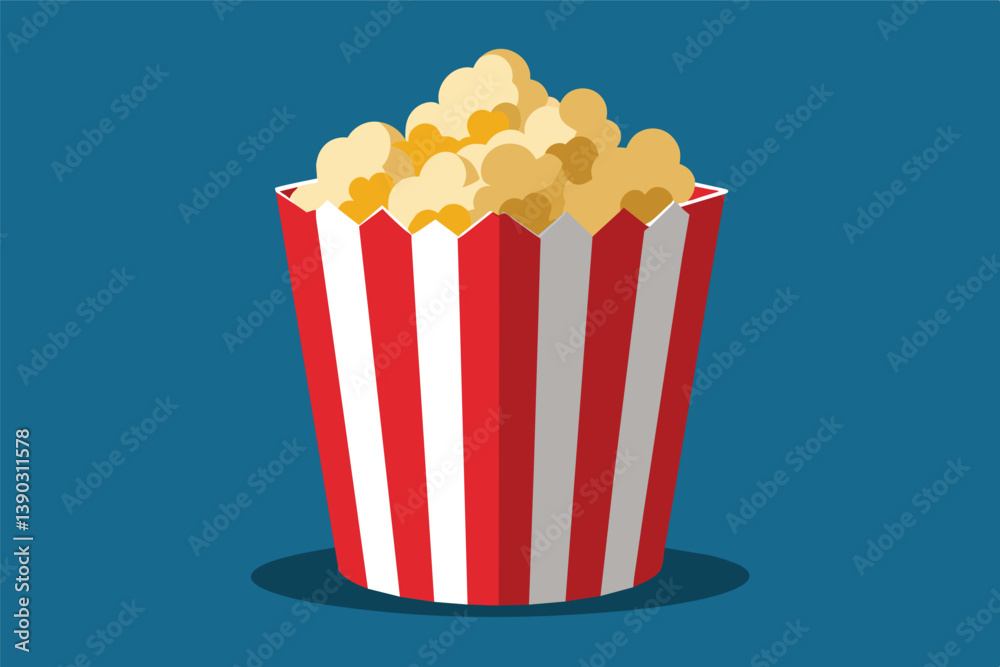 A cartoon illustration of a red and white striped popcorn bucket filled ...