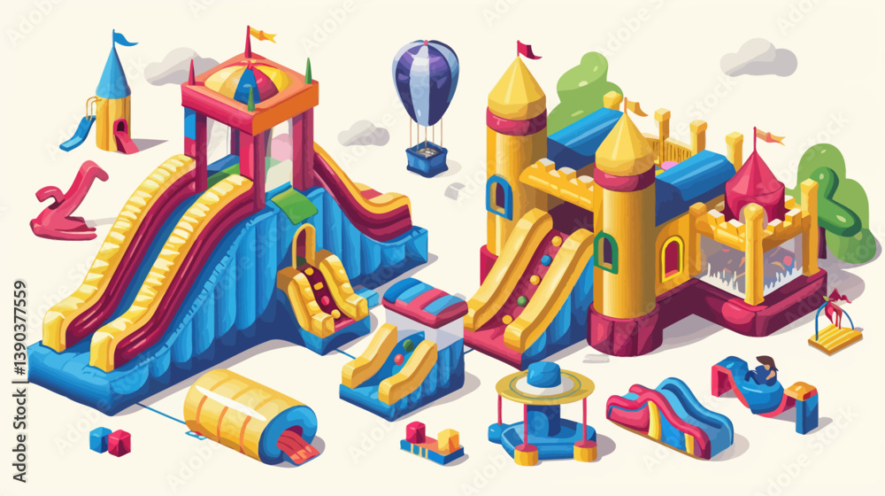 Vector inflatable playground illustration with bouncy slides and rubber ...