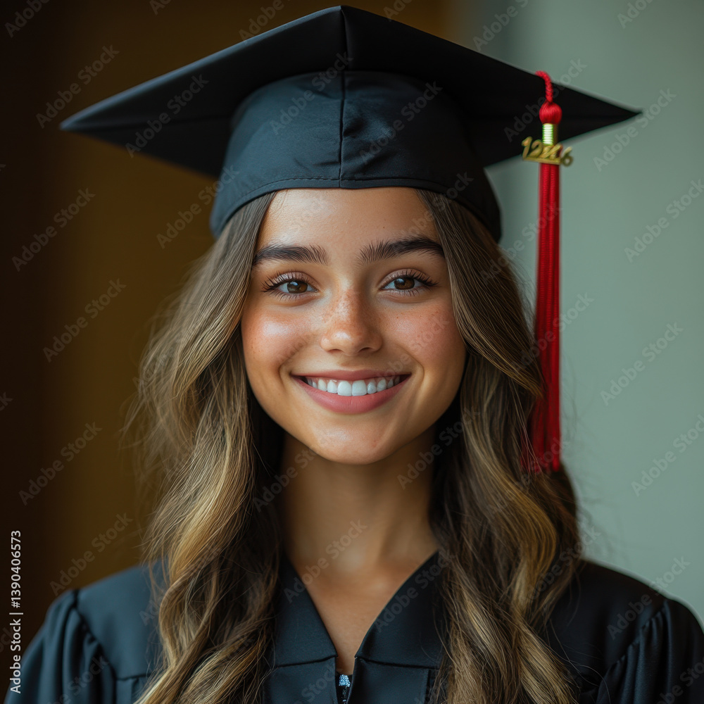 Young girl in graduation cap and gown smiling proudly, holding diploma ...