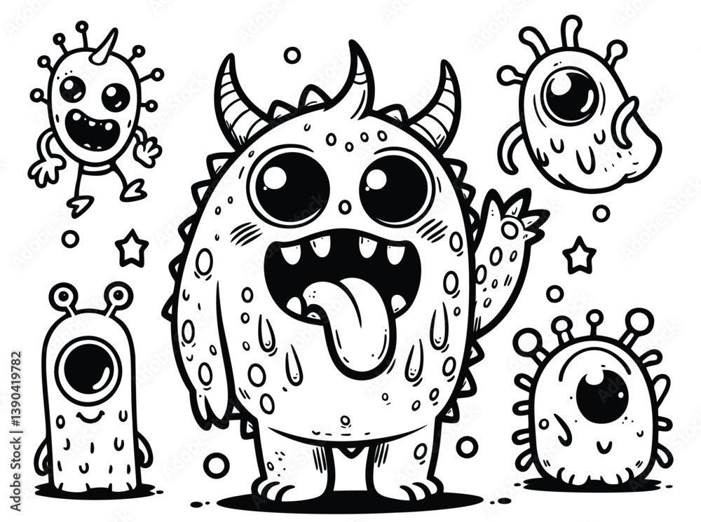 Cute Monster with Tongue Out and Alien Friends Coloring Page, Fun ...