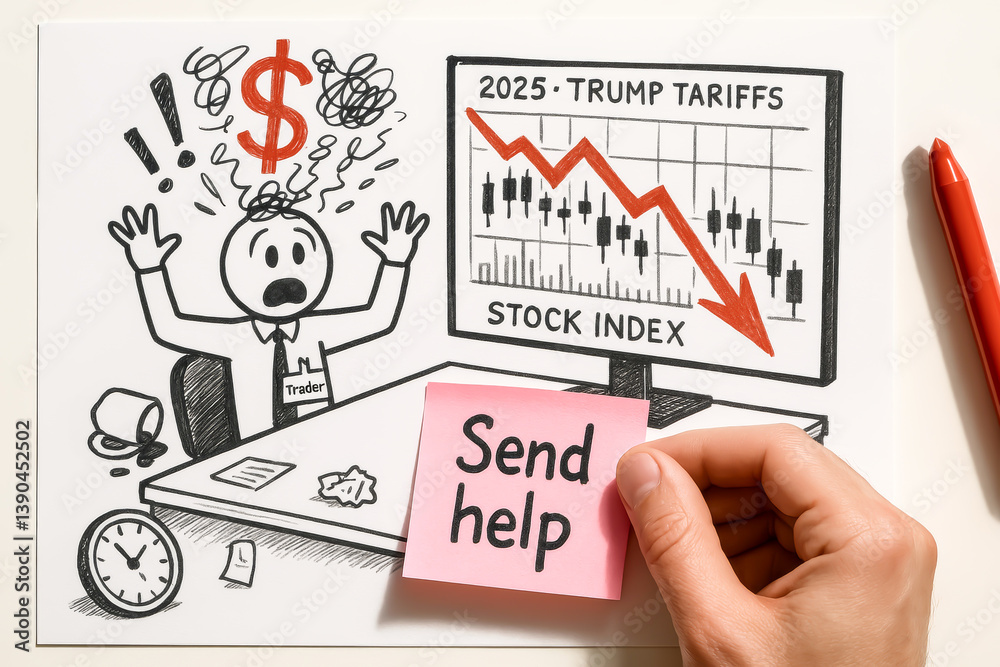 Panicked Investor Cartoon With Stock Crash Chart Labeled “2025 – Trump ...