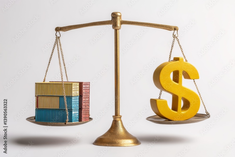 Golden balance scale comparing colorful cargo containers and a large ...