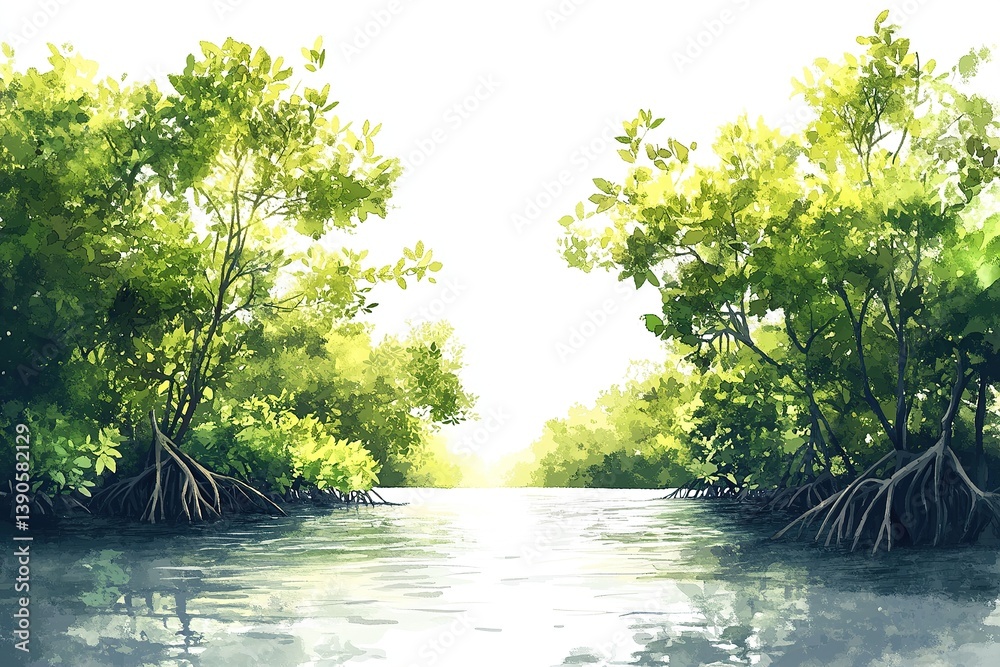 Mangrove forest, mangroves on the left and right of shallow water in ...